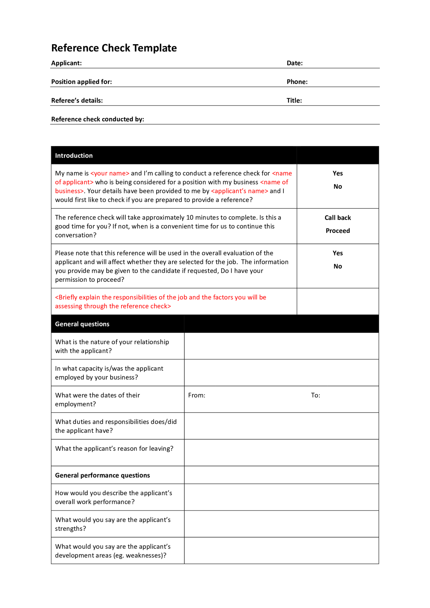 Reference Checking Template People Central Ltd 
